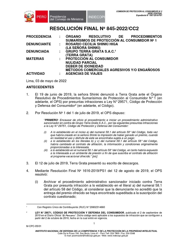 RESOLUCIÓN FINAL #845-2022/CC2: Secretaria Tecnica de La Comisión de Protección Al Consumidor ...