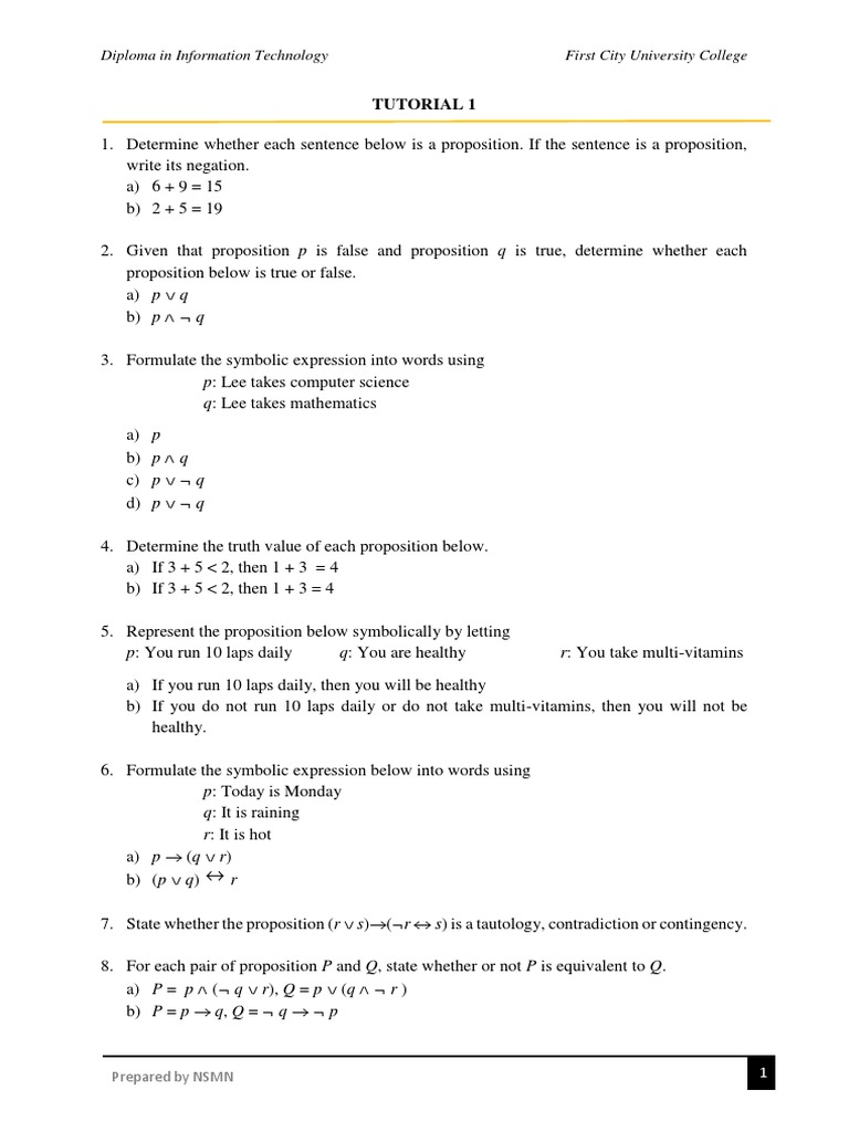 Tutorial 1 | PDF | Proposition | Argument