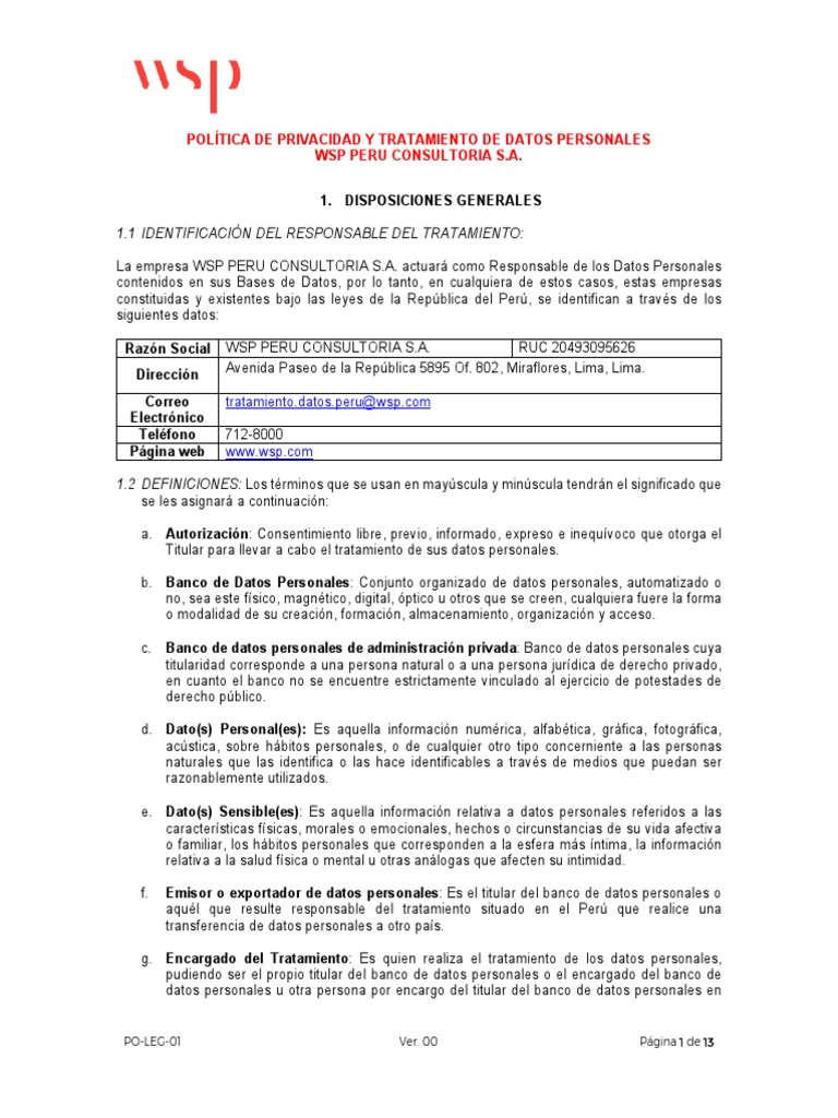 Polica de Privacidad y Tratamiento de Datos Personales - WSP Peru | PDF ...