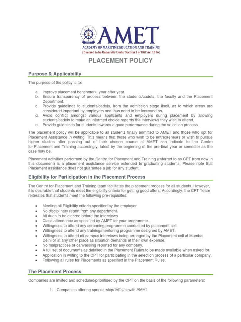 Placement Policy | PDF | Curriculum | Employment