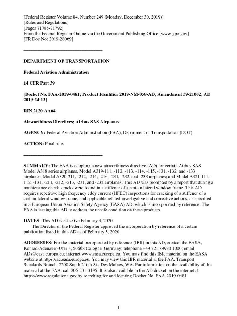 Airbus SAS Airworthiness Directive AD 2019-24-13 | PDF