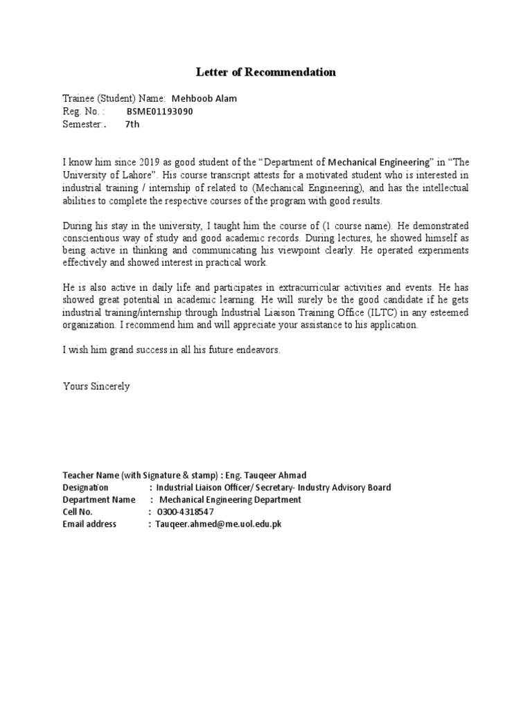 Mehboob Recom. Letter | PDF
