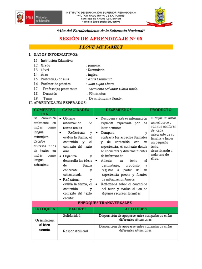 Sesion de Aprendizaje, DESCRIBIENDO LA FAMILIA. | PDF | Maestros | Aprendizaje