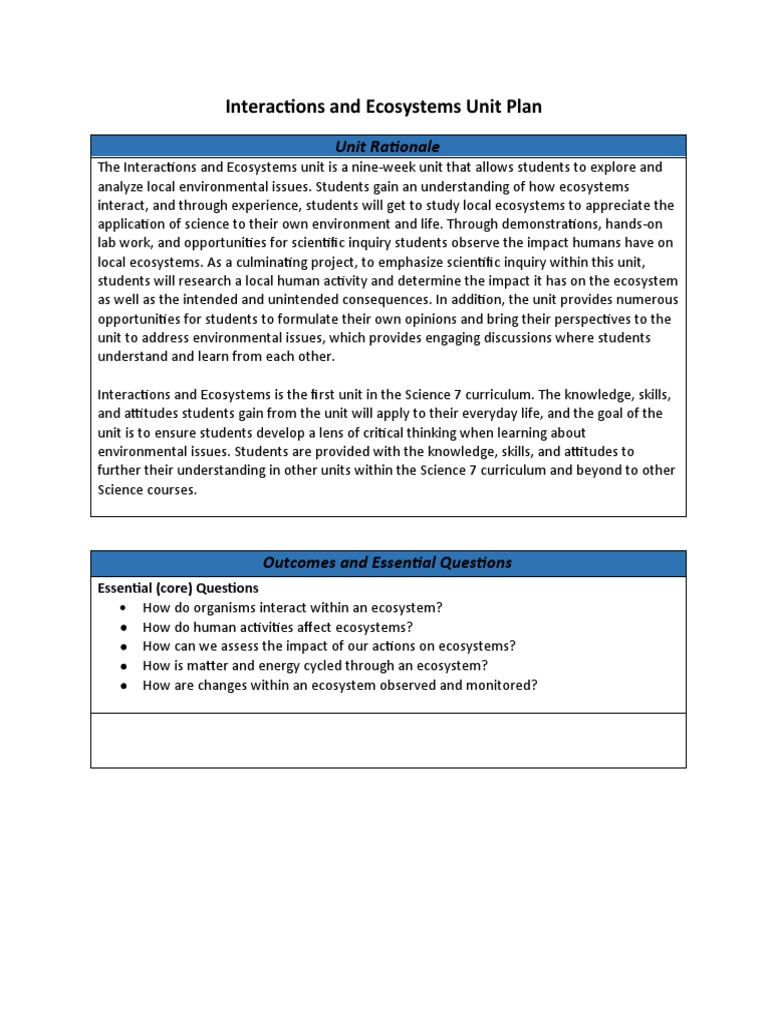 Unit Plan For Interactions and Ecosystems | PDF | Ecosystem | Natural ...