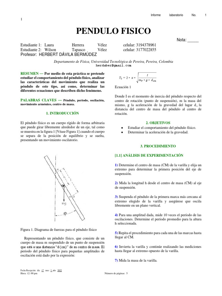 Lab Fis 3 Pendulo Fisico | Descargar gratis PDF | Péndulo | Masa