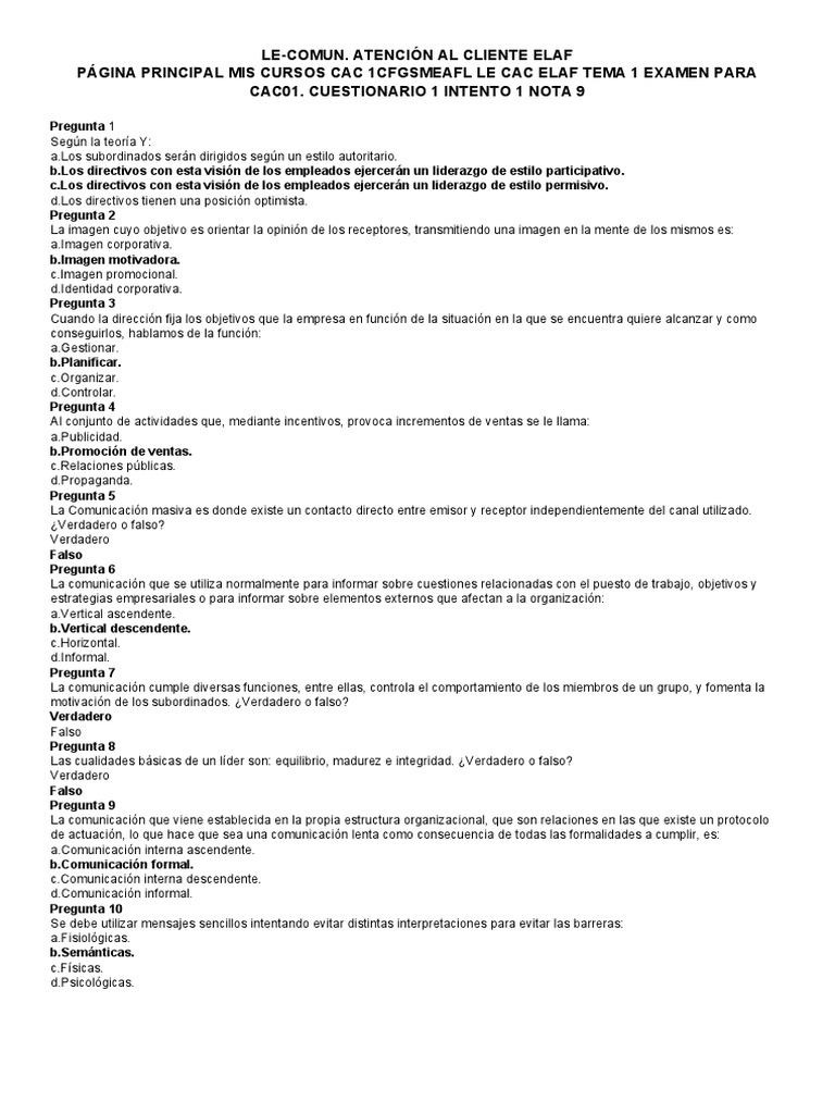 Cuestionario1 Intento 1 Nota 9 | PDF | Comunicación | Liderazgo