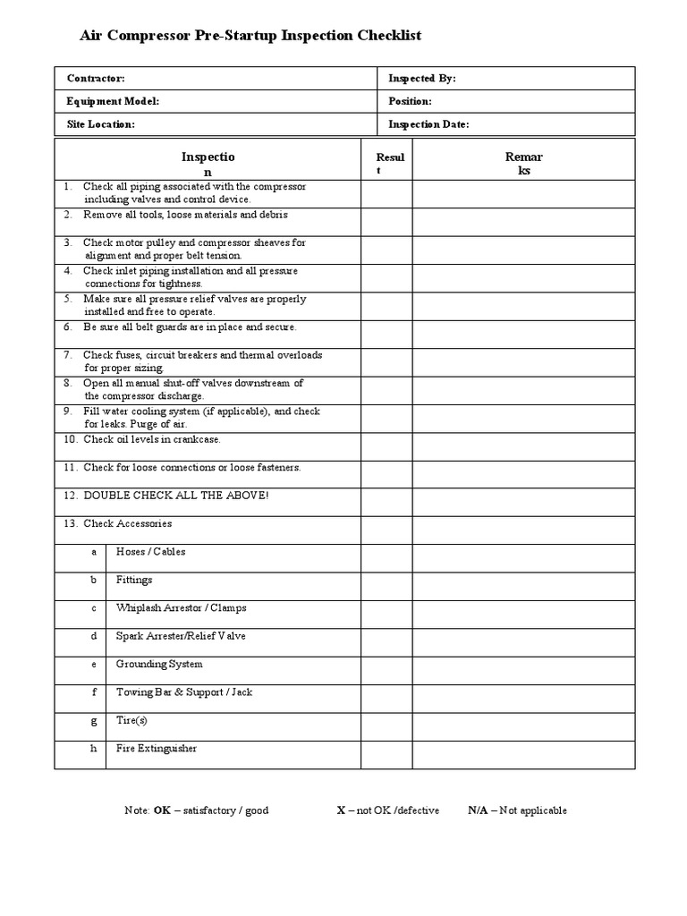 Air Compressor Pre-Startup Inspection Checklist | PDF Air Compressor Pre-Startup Inspection Checklist | PDF
