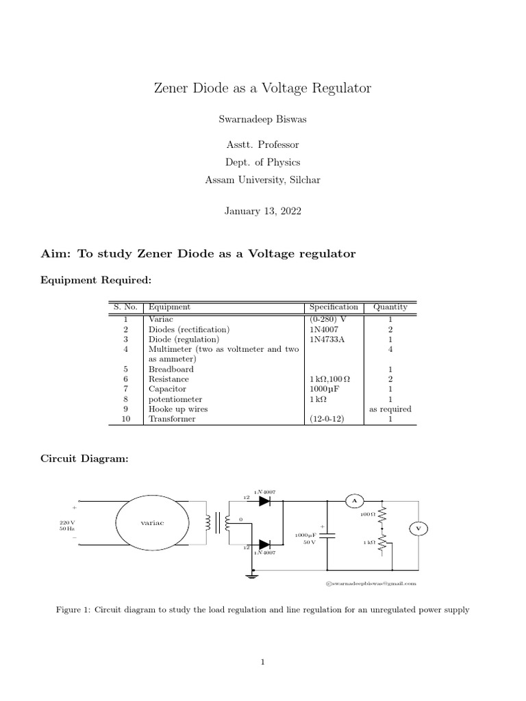 Zener Diode Voltage Regulator | PDF | Power Supply | Diode