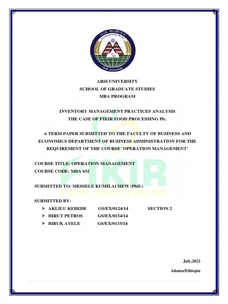 An Analysis of Inventory Management Practices at Fikir Food Processing ...
