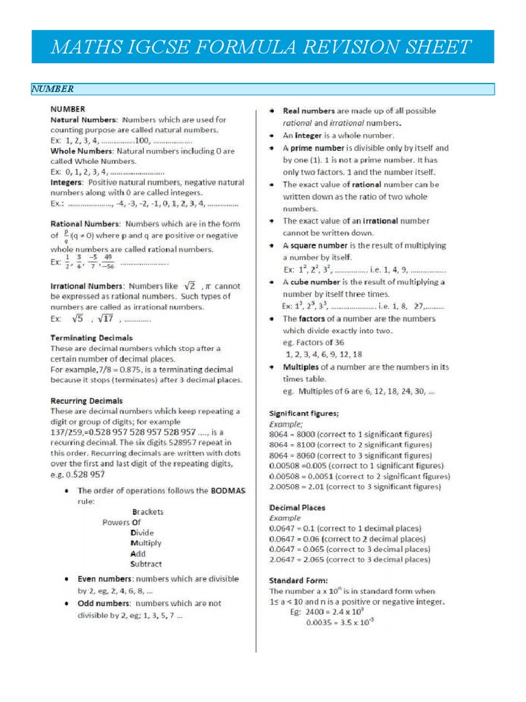 IGCSE Maths Formula Revision Sheet | PDF