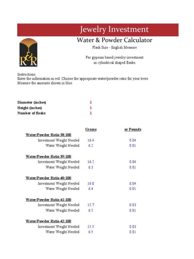 Gypsum Investment Flask Calculator - English Measure | PDF Gypsum Investment Flask Calculator - English Measure | PDF