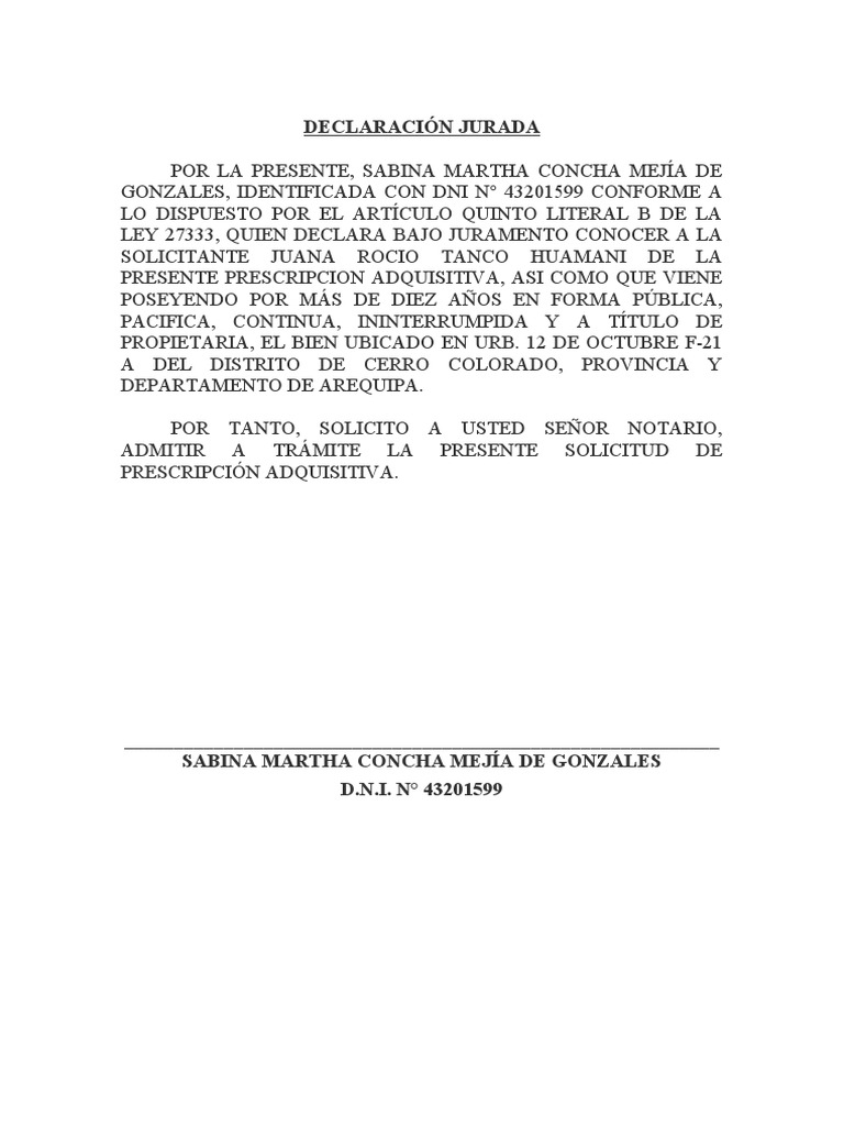 Declaracion Jurada Prescripcion Adquisitiva | PDF