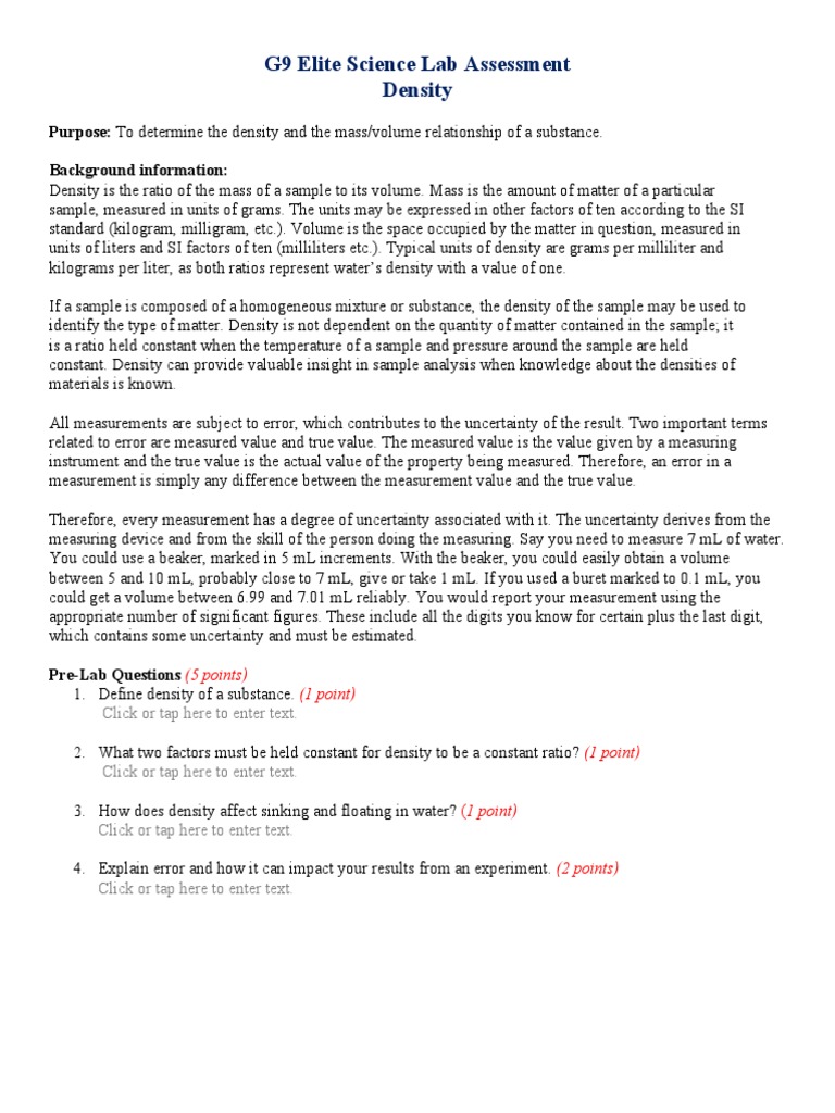 G9 Elite Science Lab Assessment Density | PDF | Litre | Density