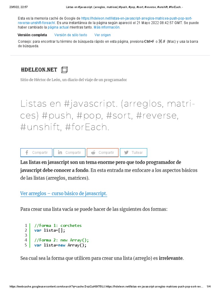 Listas en #Javascript. (Arreglos, Matrices) #Push, #Pop, #Sort, #Reverse, #Unshift, #Foreach ...