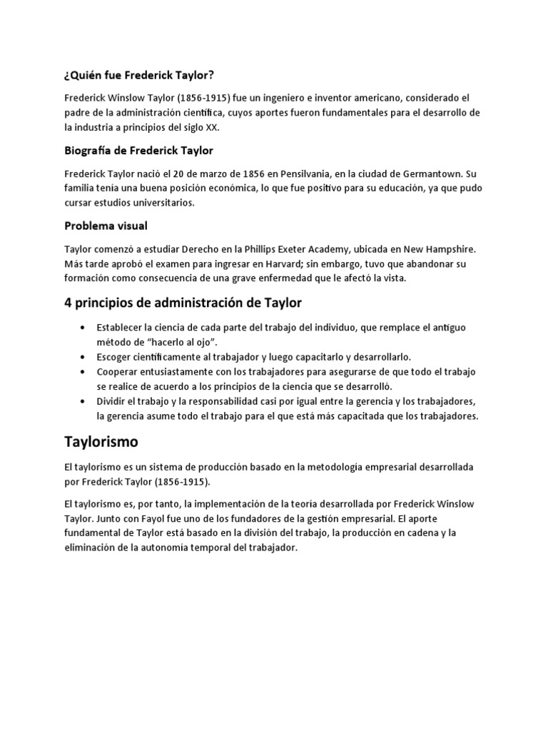 Principios y Ventajas del Taylorismo | PDF | Planificación | Division de trabajo