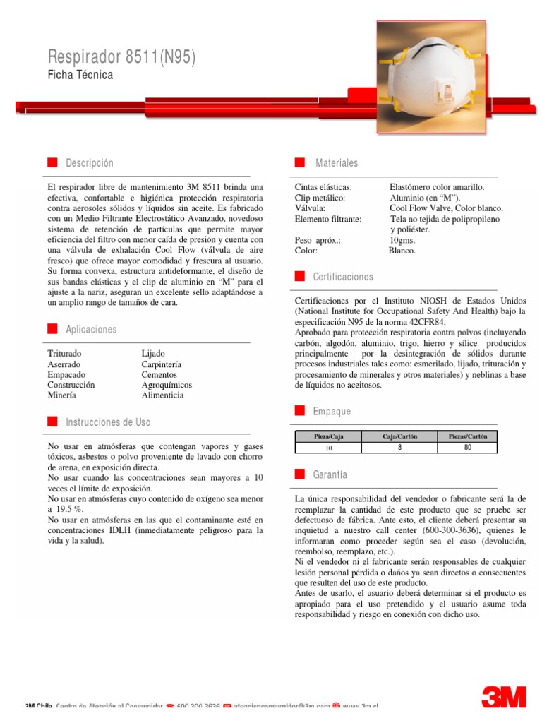 Ficha Técnica Respirador 3M 8511 | PDF | Materiales | Química