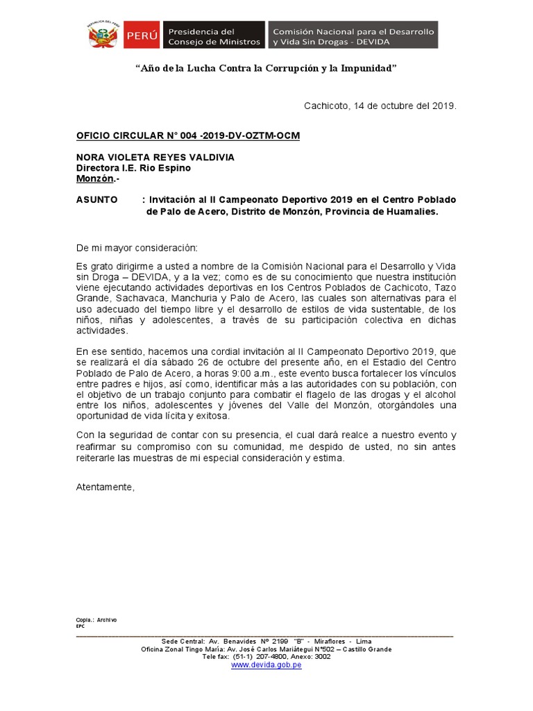 Oficio Circular - Invitacion Actividad Deportiva 26 Octubre 2019 | PDF