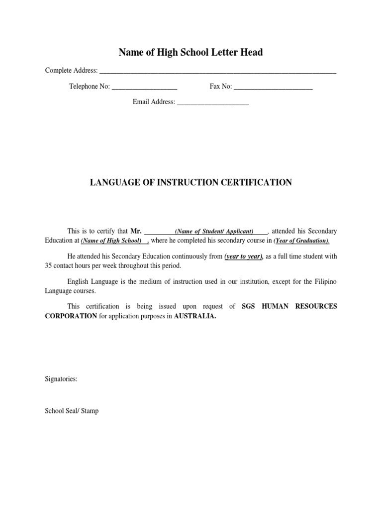 Lay Out For Language Instruction Certification | PDF