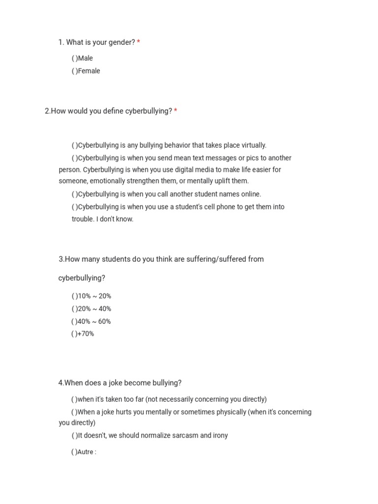 Cyberbullying Questionnaire for Students | PDF | Cyberbullying | Bullying