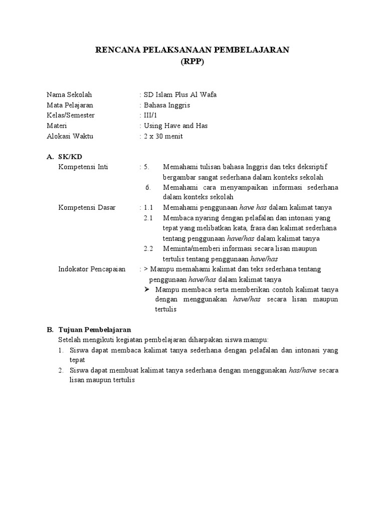 RPP Bahasa Inggris. Kelas 3 Semester - Week | PDF