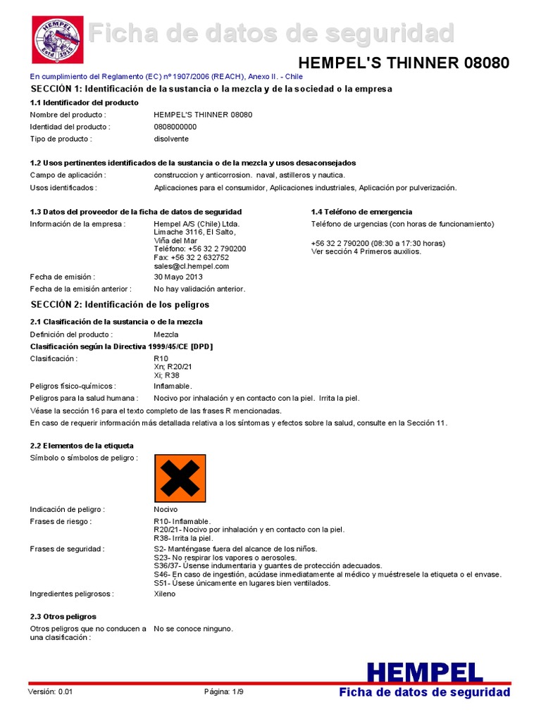 Hempel's Thinner 08080 | Descargar gratis PDF | Agua | Materiales