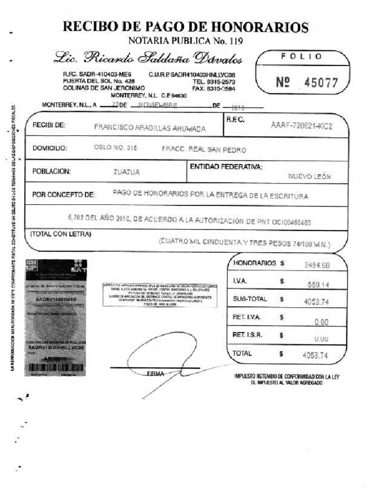 Recibo de Pago de Honorarios Notaria Publica No. 119 | PDF | Economía monetaria | Préstamos