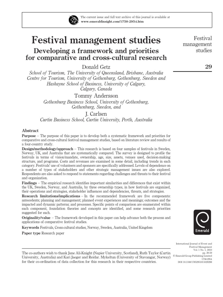 Festival Management Studies: Developing A Framework and Priorities For ...