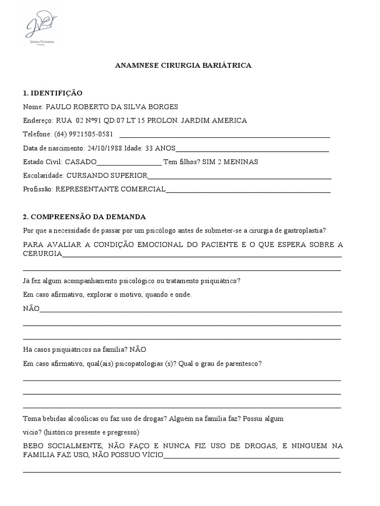 Anamnese Cirurgia Bariátrica-1 | PDF | Obesidade | Cirurgia bariátrica