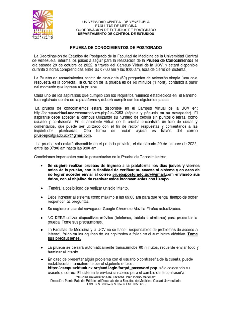 Instrucciones para Prueba de Conocimientos - Ingreso 2023 | PDF