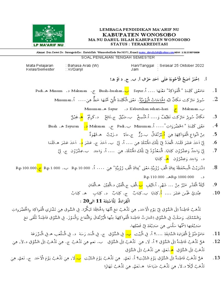 Pts Arab (W) Kls Xi SMT Ganjil 2022 | PDF