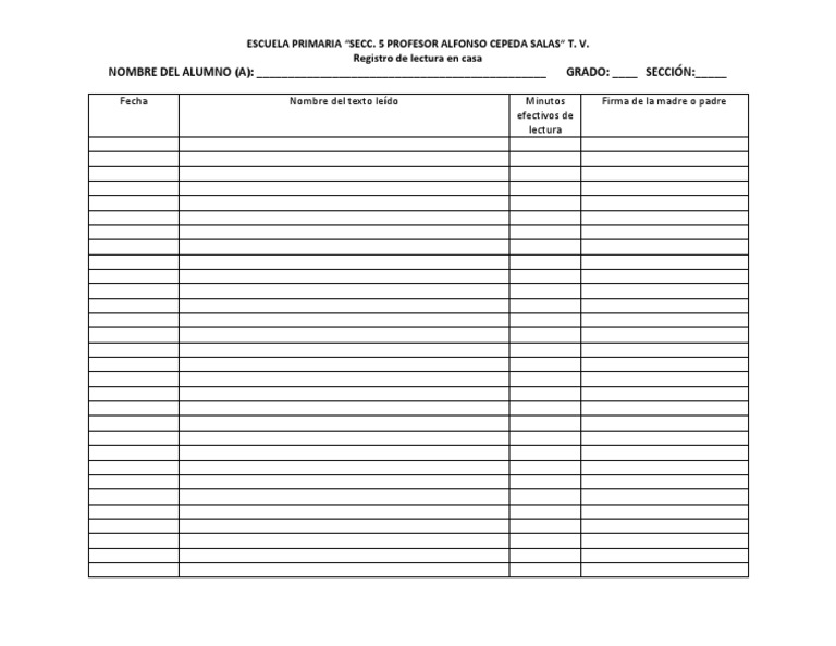 Registro de Lectura en Casa | PDF