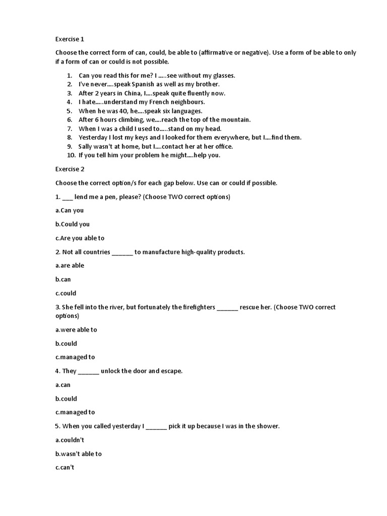 Exercises Can, Could, Be Able To | PDF