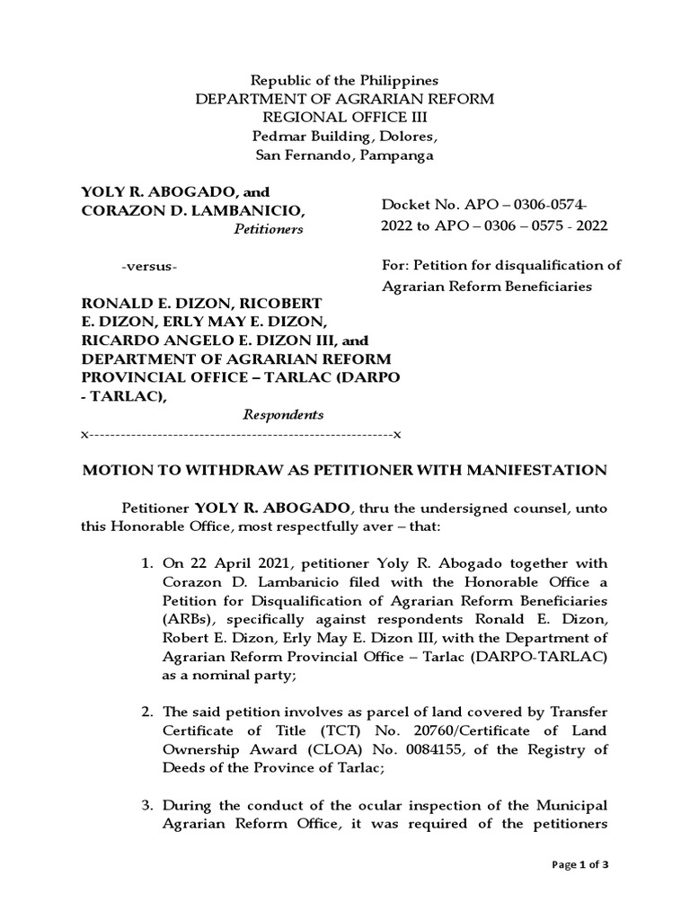 Petition Withdrawal in Agrarian Case | PDF | Title (Property) | Law And Economics