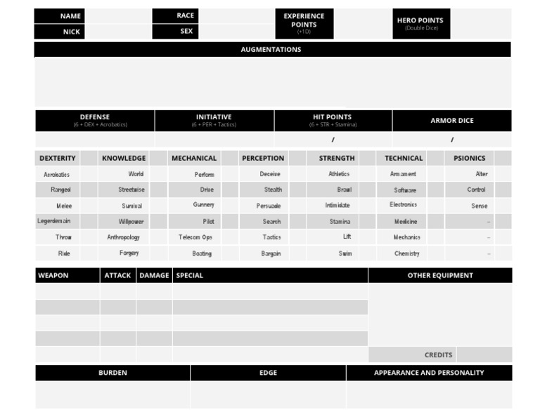 HyperspaceD6 Character Sheet | PDF | Gaming | Role Playing Games