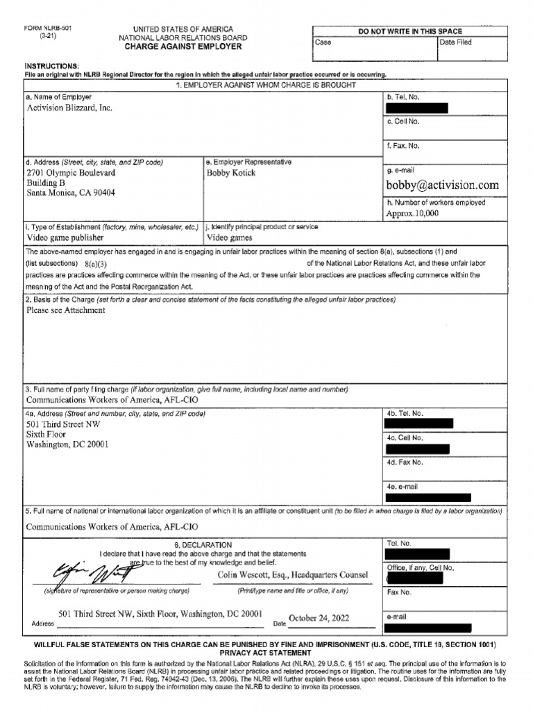 NLRB Complaint Against Activision Blizzard, Inc. Oct. 24, 2022 | PDF