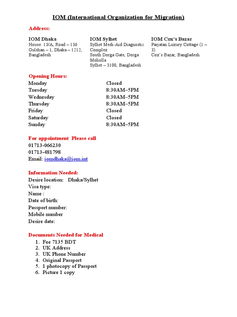 IOM Bangladesh Appointment Details | PDF