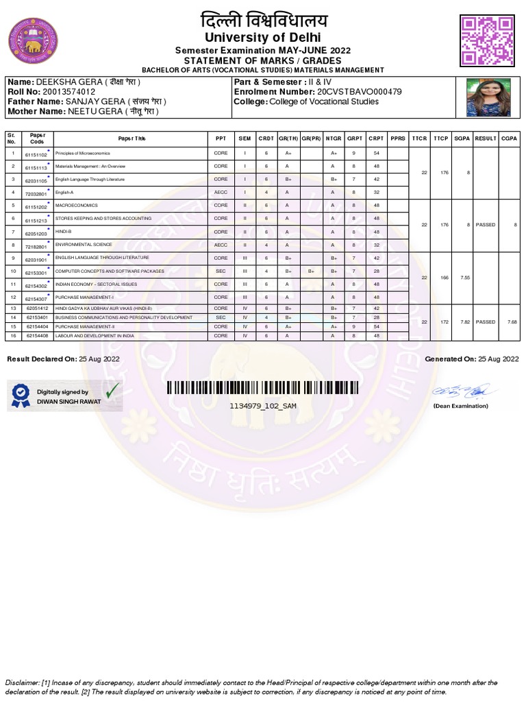 University of Delhi: Semester Examination MAY-JUNE 2022 Statement of Marks / Grades | PDF