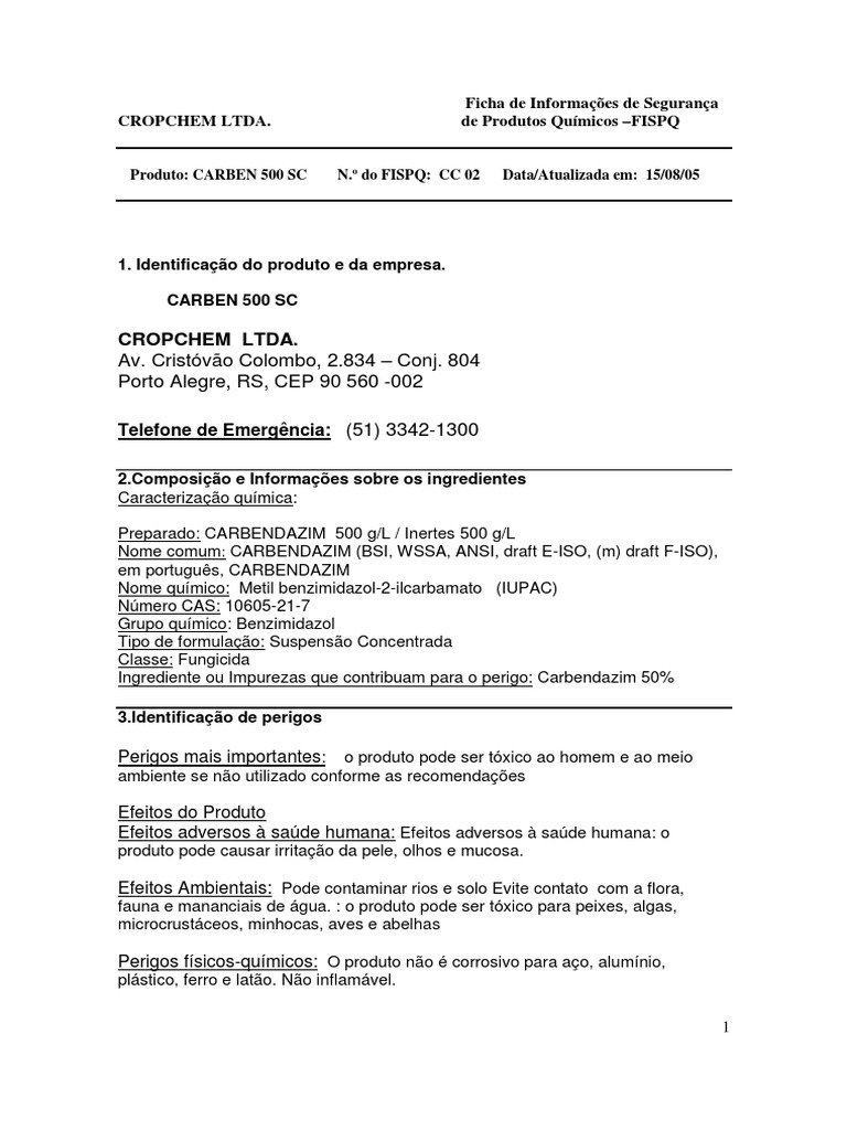 Fispq Carbendazin | PDF | Embalagem e rotulagem | Primeiros socorros