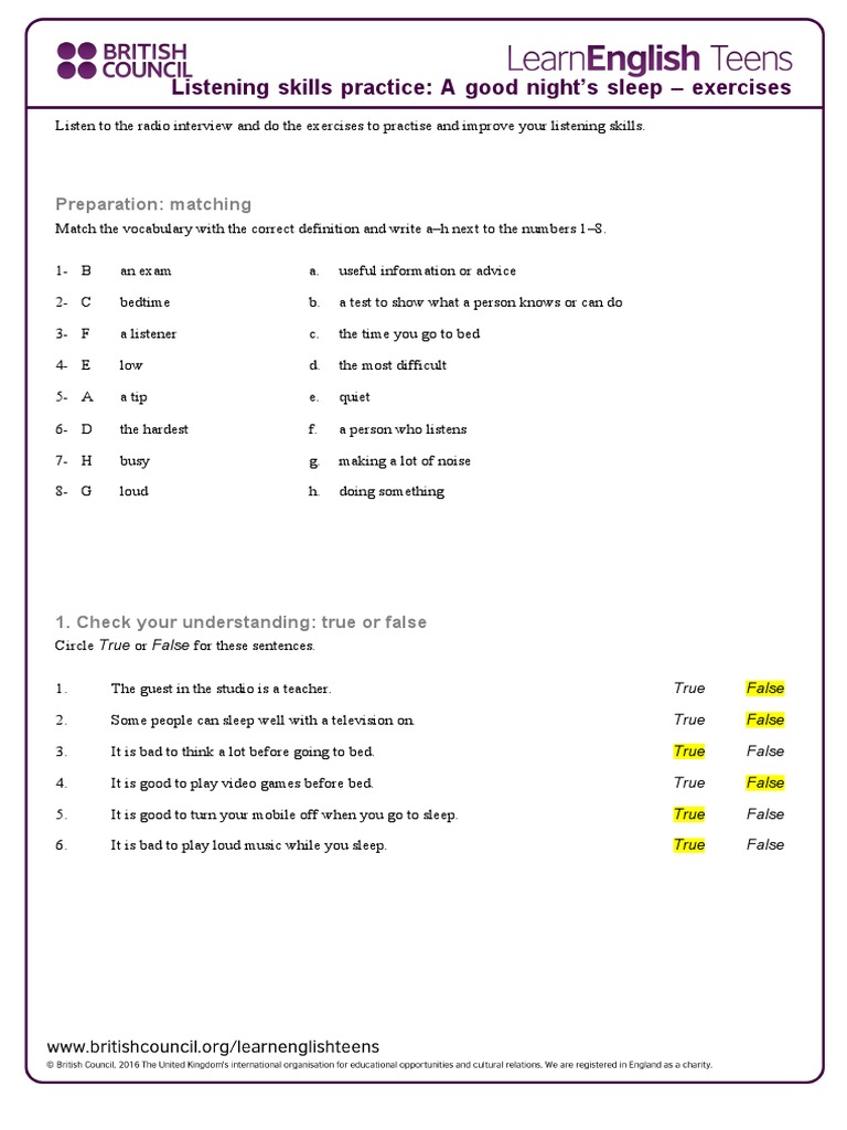 A Good Nights Sleep - Exercises 0 | PDF | Vocabulary | Behavior Modification
