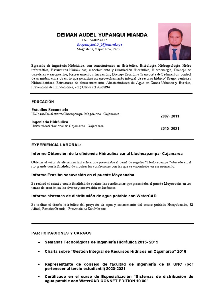 Cv-Yupanqui Miranda, Deiman | PDF | Ingeniería hidráulica | Riego