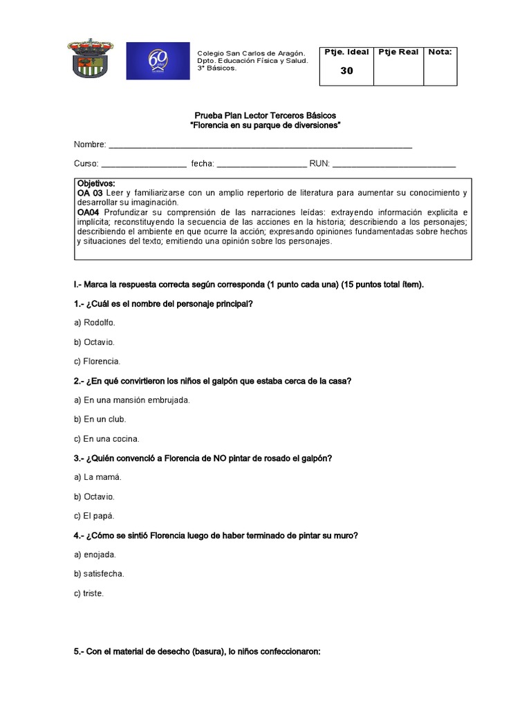 Prueba Plan Lector Florencia en Su Parque de Diversiones. | PDF