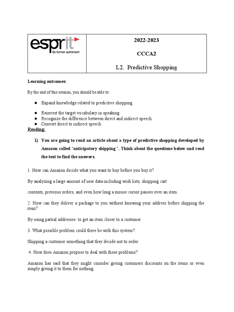 L2-Predictive Shopping-Worksheet | PDF | Patent | Linguistics