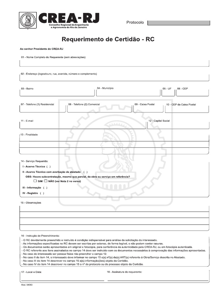 Requerimento de Certidão CREA RJ | PDF