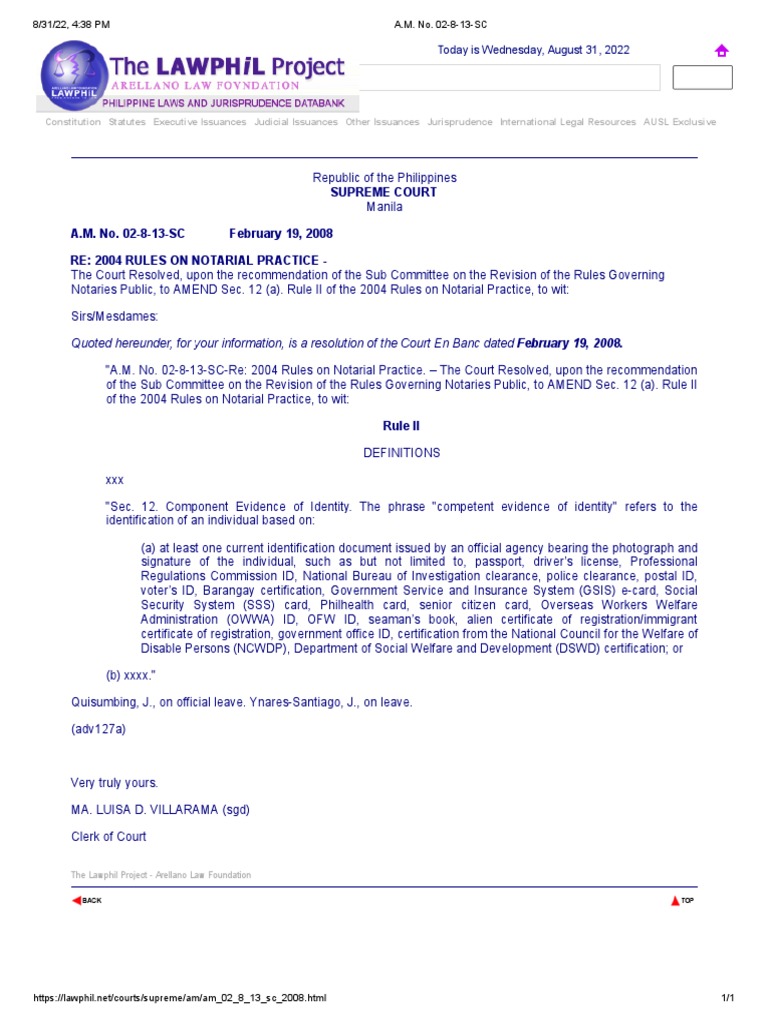 A.M. No. 02-8-13-SC On Competent Evidence of Identity | PDF | Identity ...