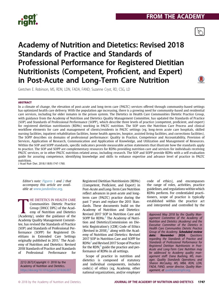 From The Academy: Gretchen E. Robinson, MS, RDN, LDN, FADA, FAND Suzanne Cryst, RD, CSG, LD ...