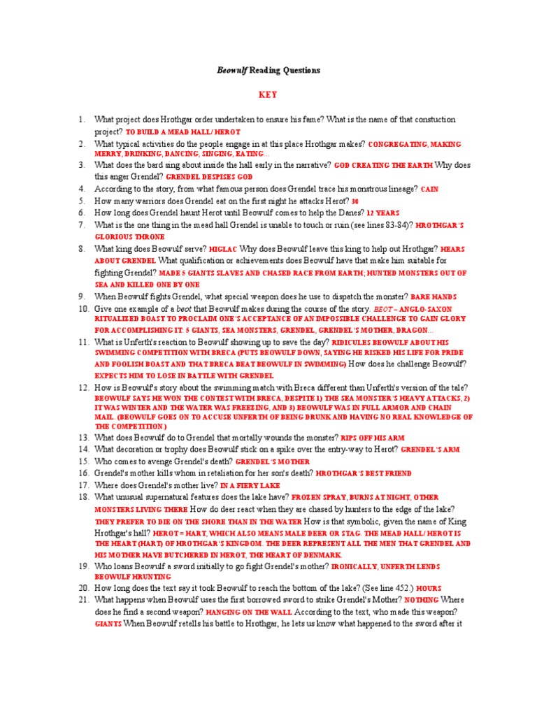 Beowulf Reading Questions KEY | PDF | Beowulf | Old English Poems