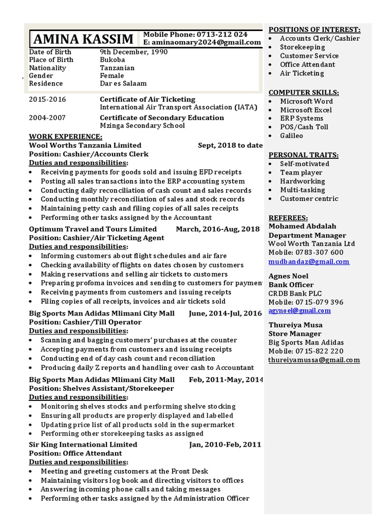 Amina Kassim CV | PDF | Receipt | Point Of Sale