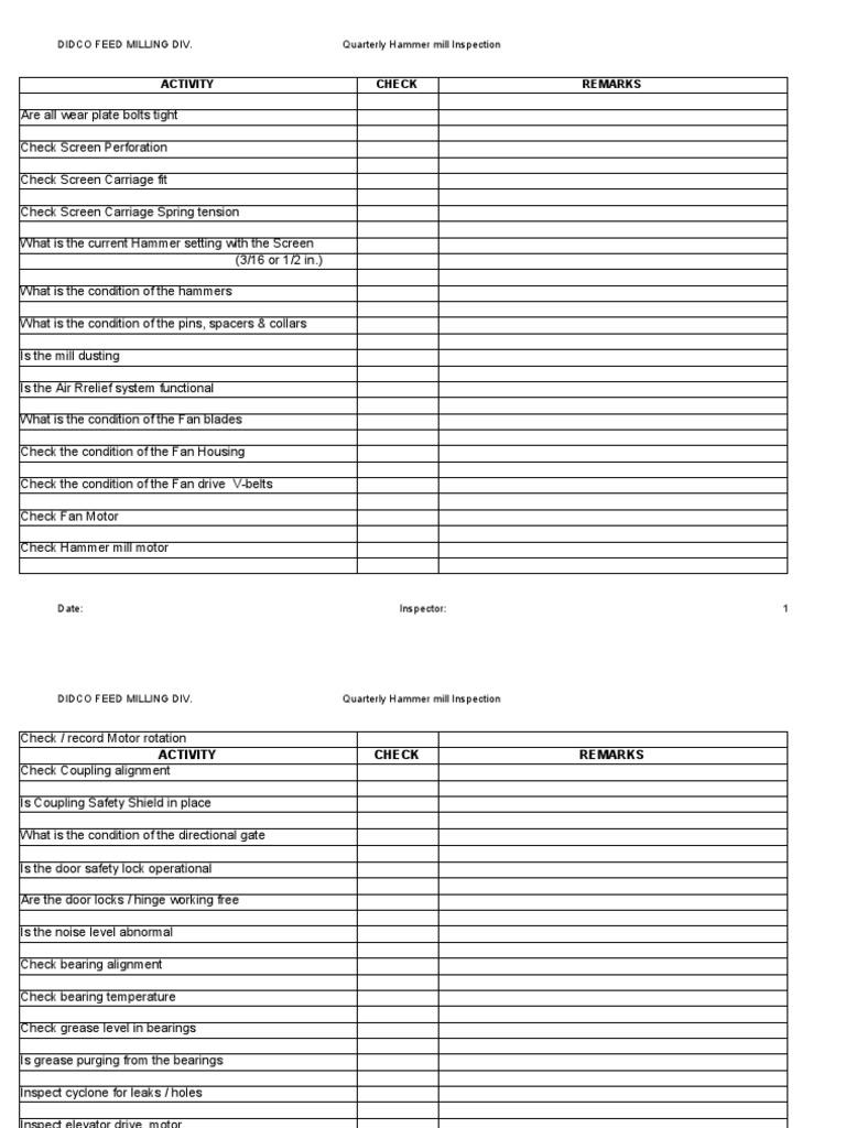 Quarterly Hammer Mill Inspection Checklist | PDF | Belt (Mechanical) | Door