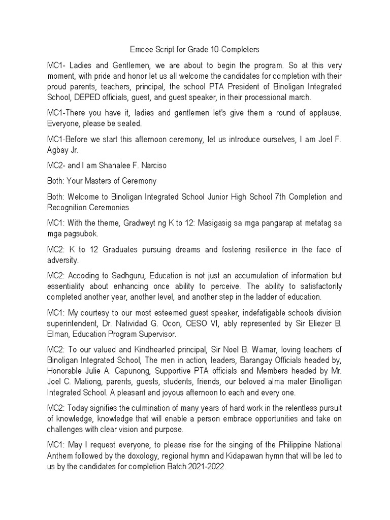 Emcee Script For Grade 10 | PDF