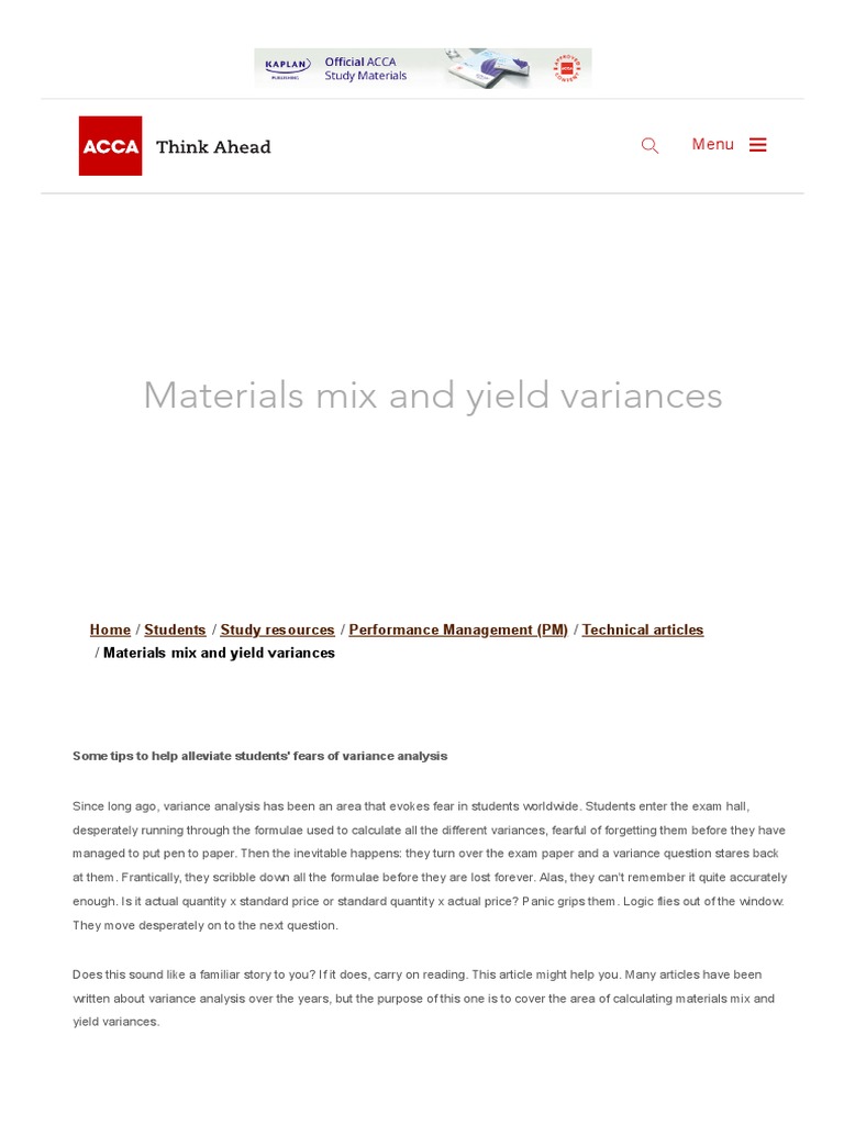 Materials Mix & Yield Variances-ACCA | PDF